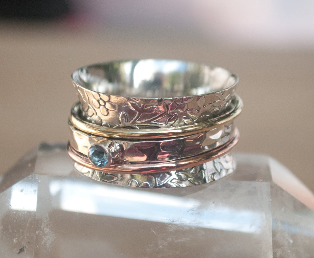 Cardiff Meditation Ring * Blue Topaz * Bronze, Copper and Sterling Sil ...