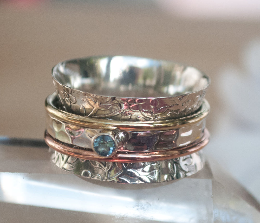 Cardiff Meditation Ring * Blue Topaz * Bronze, Copper and Sterling Sil ...