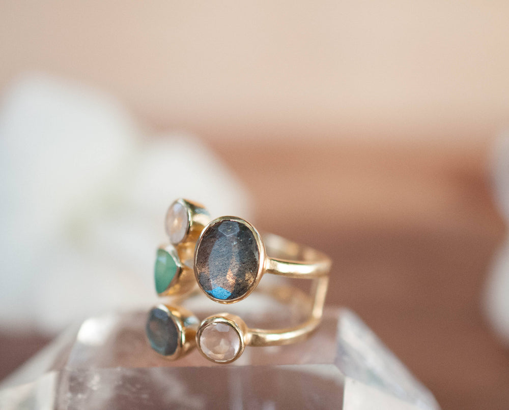 Linda Ring * Labradorite Moonstone & Aqua Chalcedony * Gold Plated ove ...