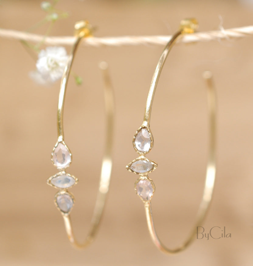 Yeda Hoop Earrings * Rose Quartz & Moonstone * Gold Plated 18k, Silver ...
