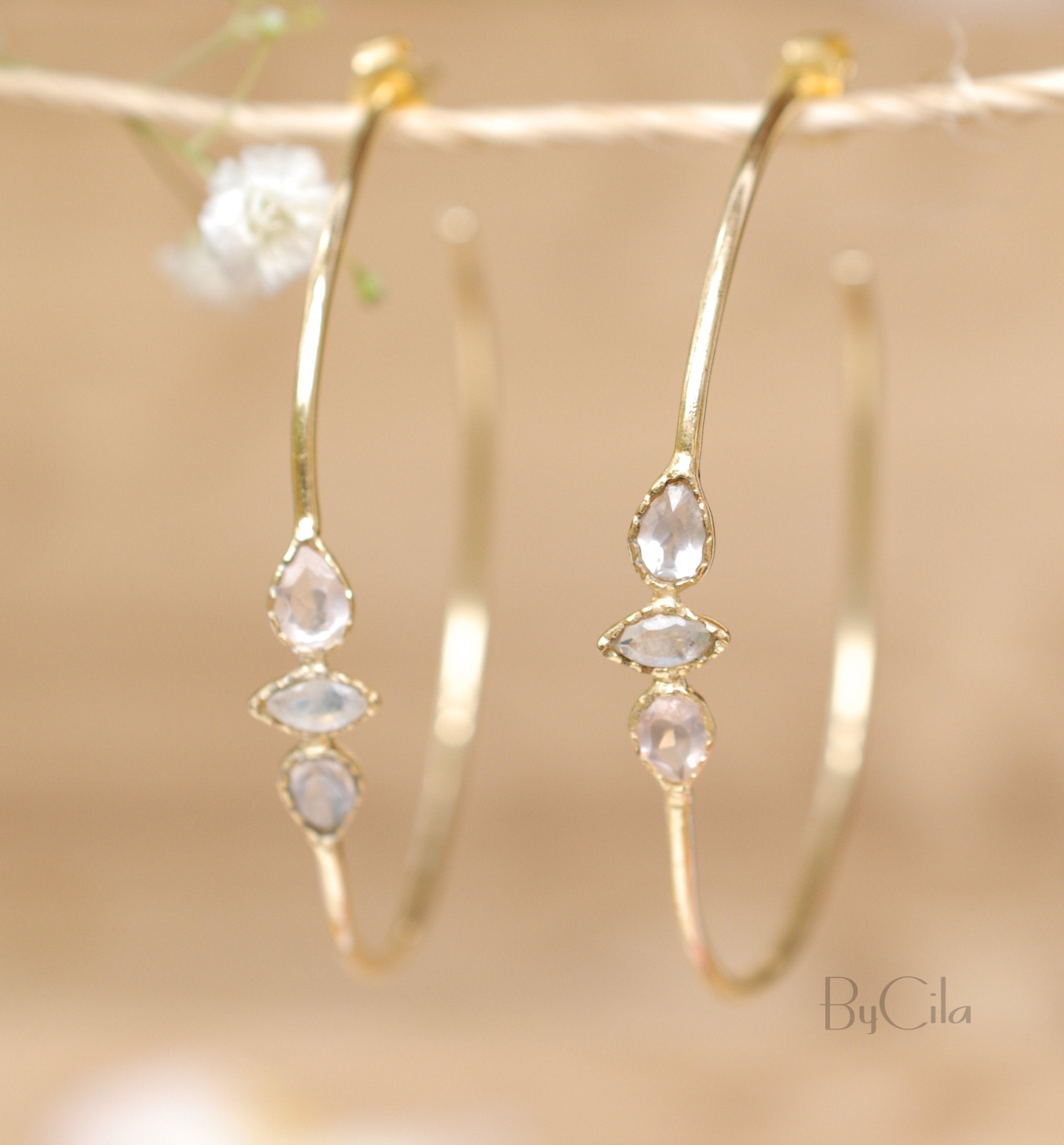 Yeda Hoop Earrings * Rose Quartz & Moonstone * Gold Plated 18k, Silver ...