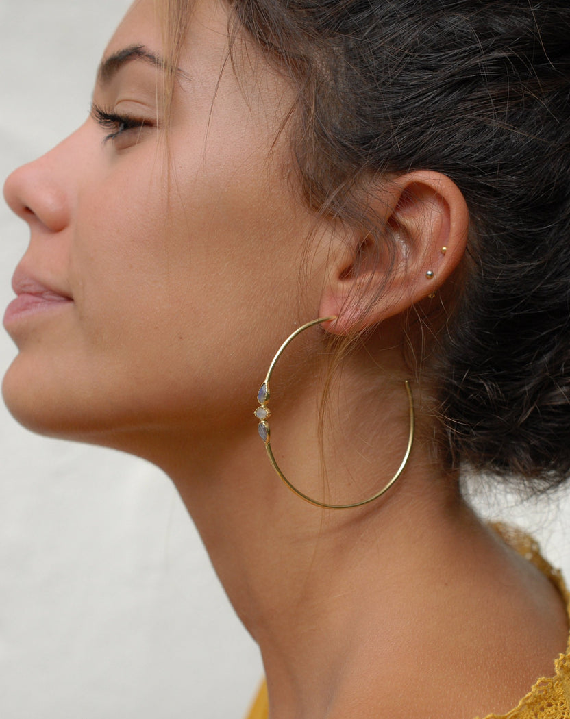 Yeda Hoop Earrings * Rose Quartz & Moonstone * Gold Plated 18k, Silver ...