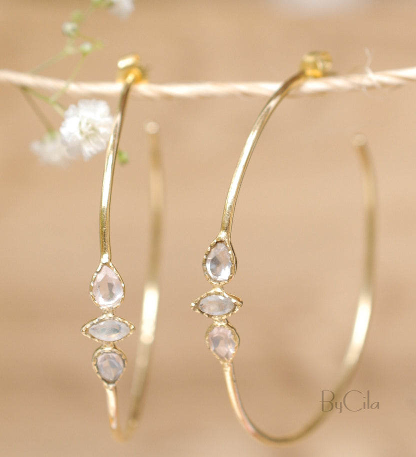 Yeda Hoop Earrings * Rose Quartz & Moonstone * Gold Plated 18k, Silver ...