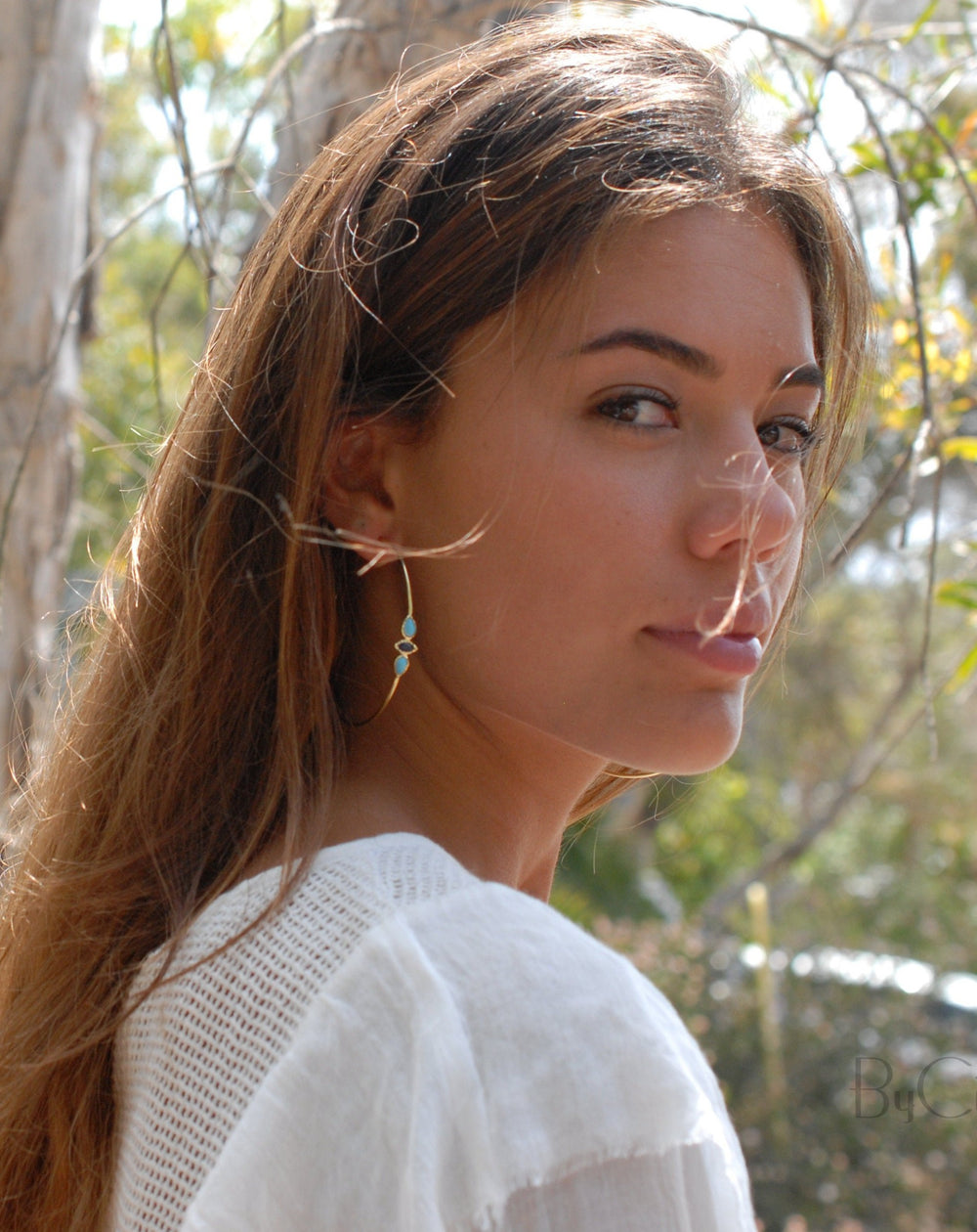 Yeda Hoop Earrings * Copper Turquoise & Moonstone * Gold Plated 18k, S ...