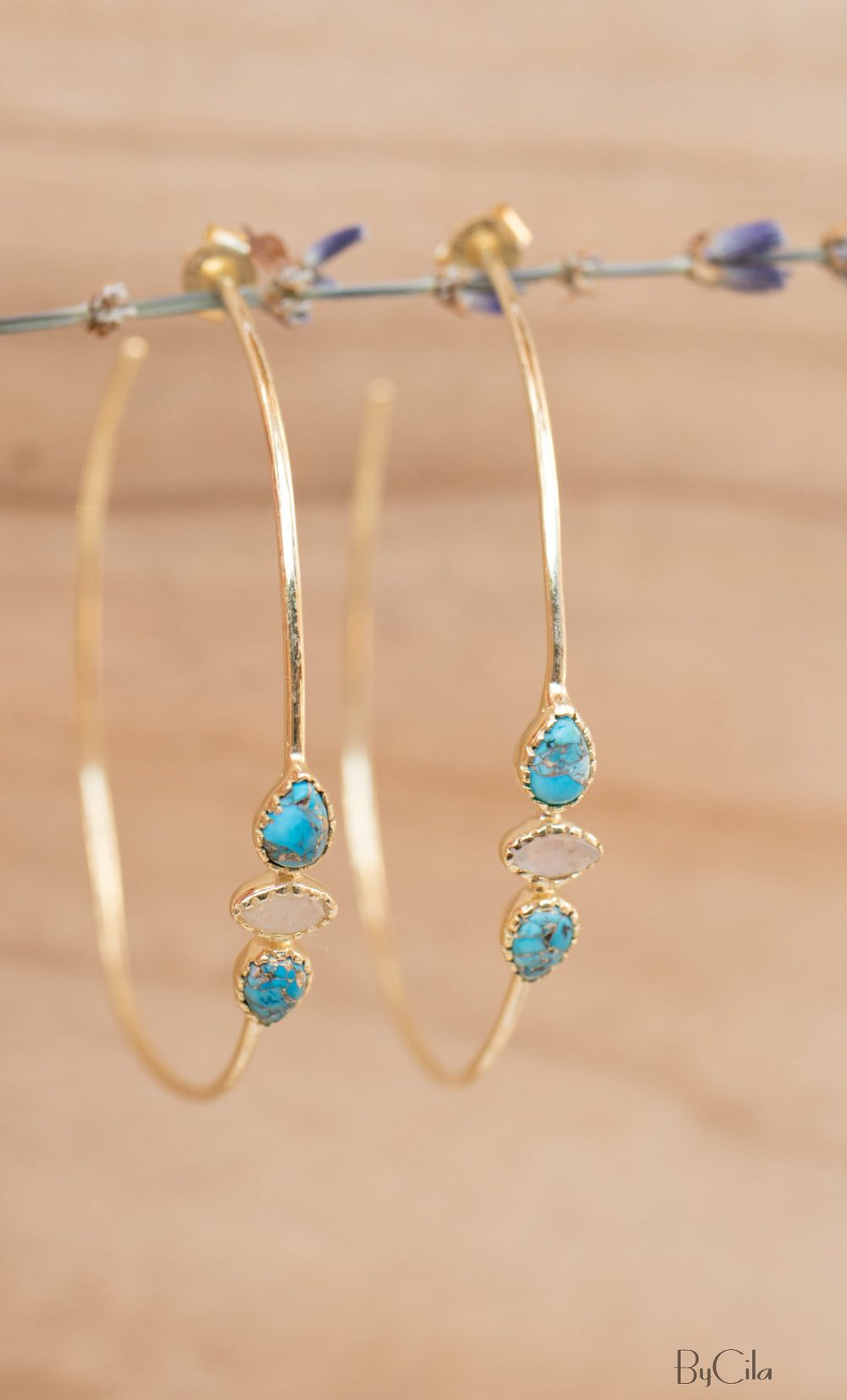 Yeda Hoop Earrings * Copper Turquoise & Moonstone * Gold Plated 18k, S ...